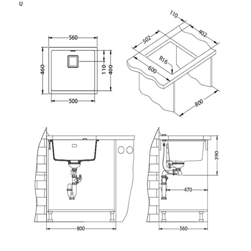 Alveus Quadrix 50 Undermount Kitchen Sink - 1108038N